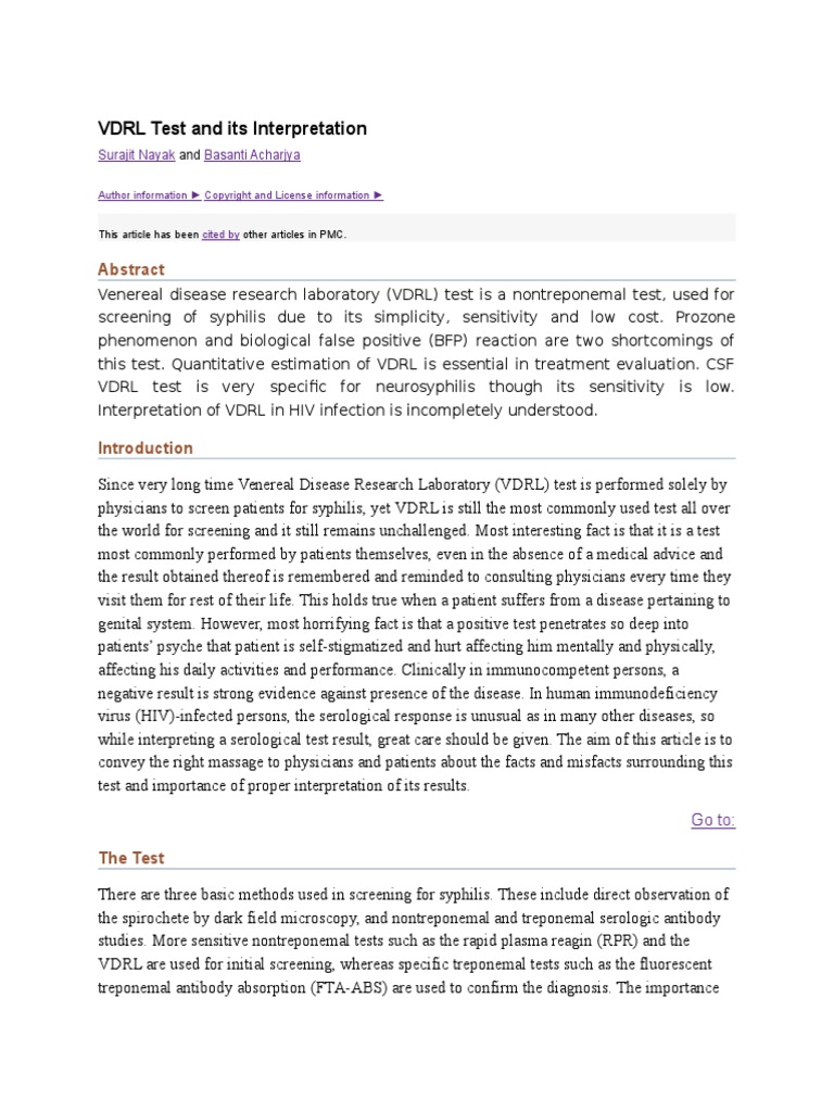 VDRL Test and Its Interpretation | Infection | Public Health