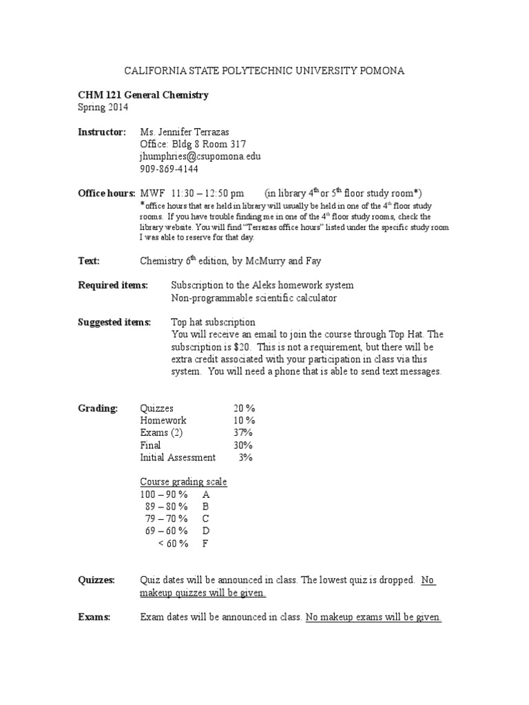CHM 121 General Chemistry: TH TH | PDF | Technology & Engineering