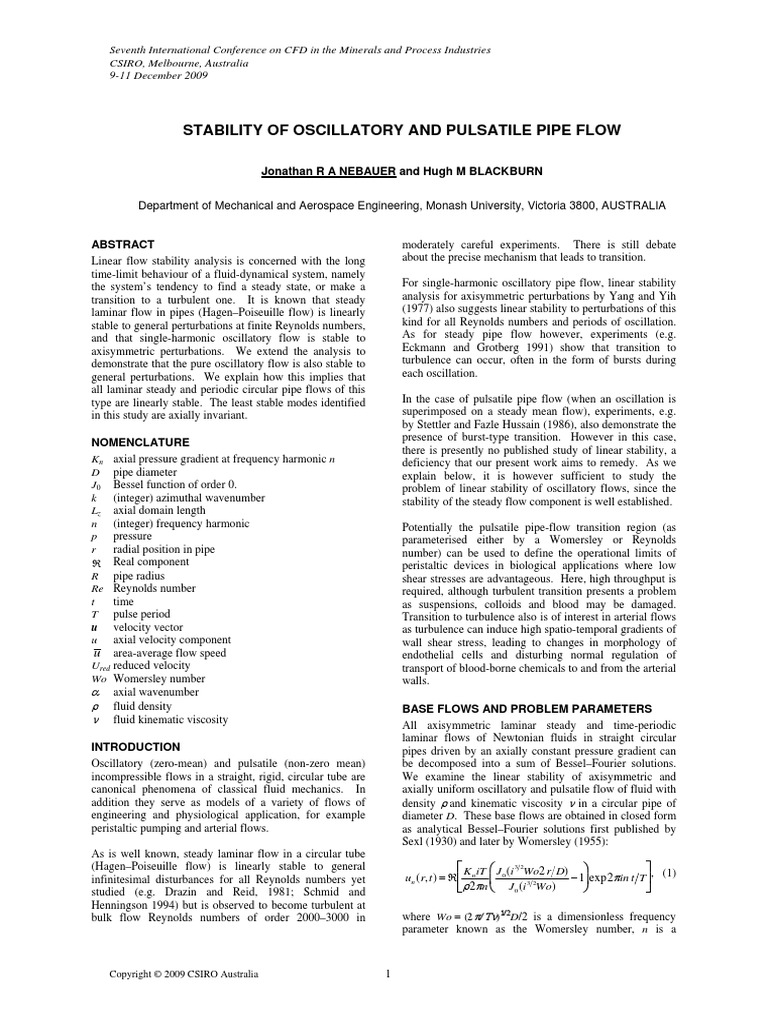 Stability of Oscillatory and Pulsatile Pipe Flow: Jonathan R A Nebauer and Hugh M Blackburn ...