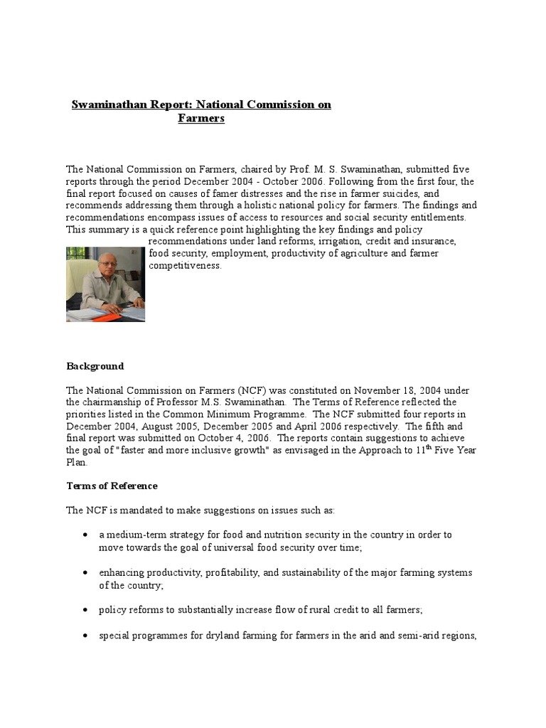 Swaminathan Report: National Commission On Farmers: Background | PDF ...
