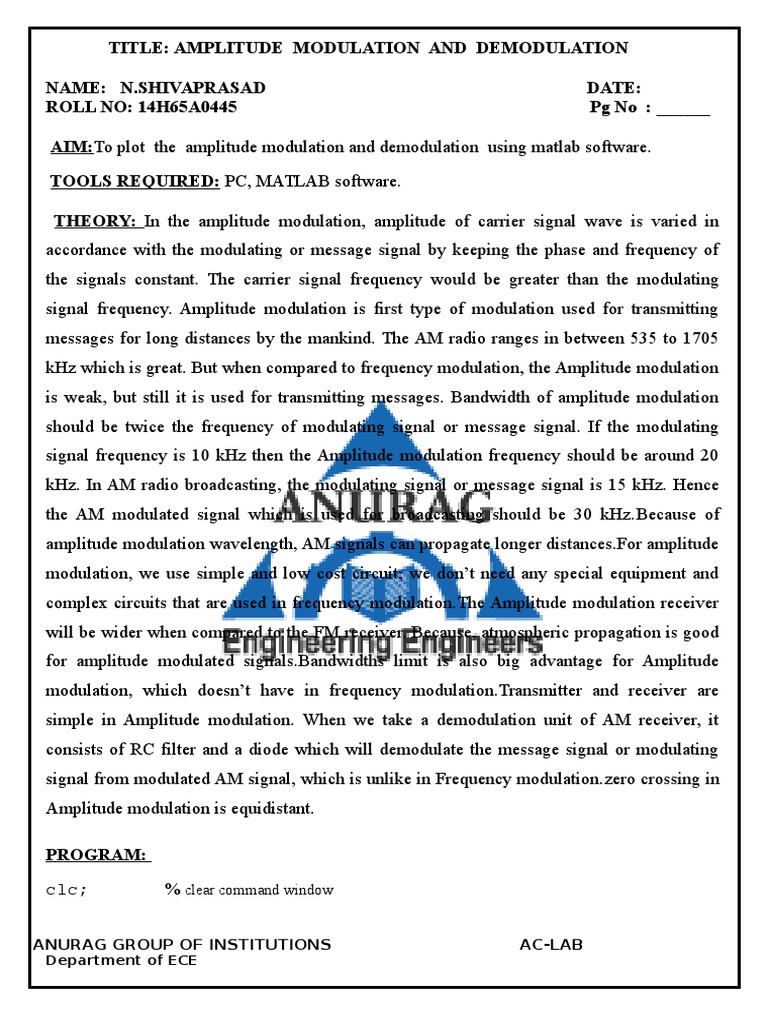 Amplitude Modulation and Demodulation | PDF | Modulation | Frequency ...