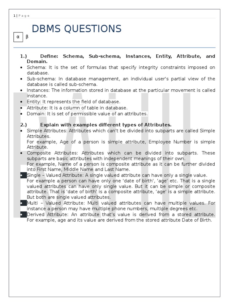 Dbms Questions: 1.) Define: Schema, Sub-Schema, Instances, Entity, Attribute, and Domain | PDF ...