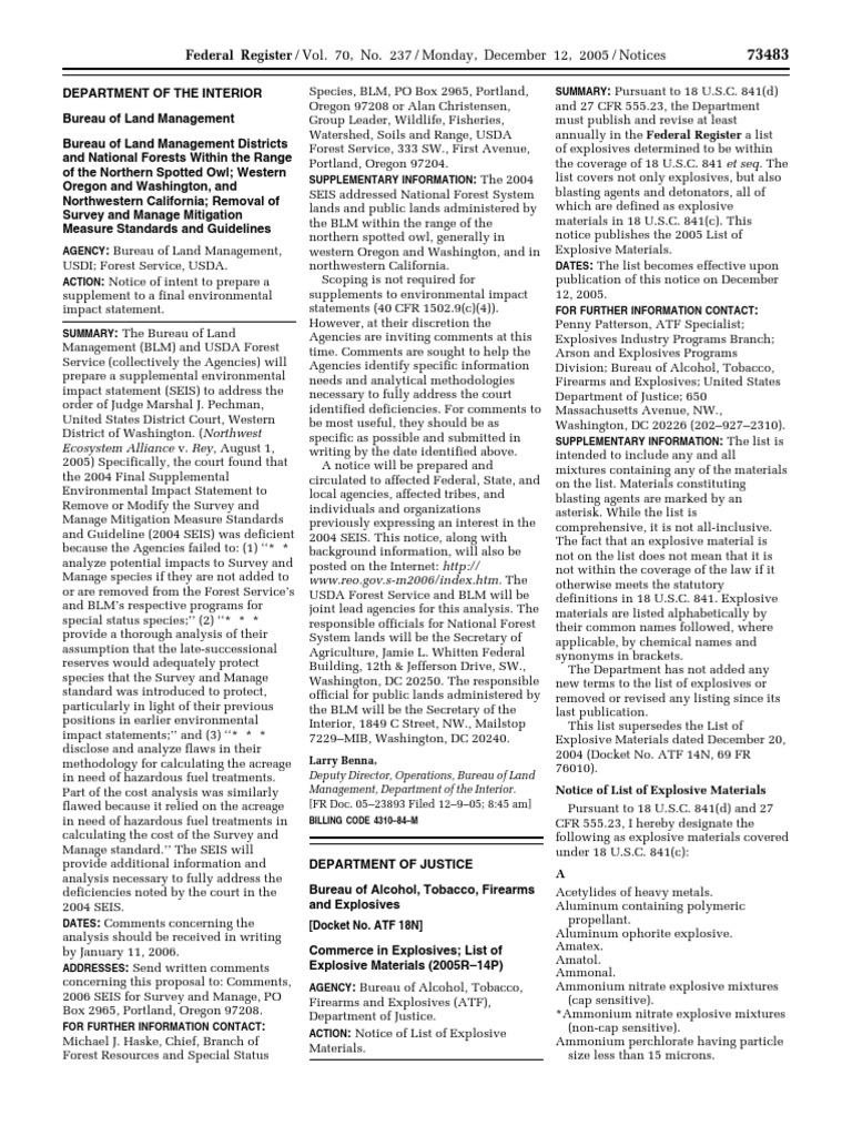 Notice: Explosives: Commerce in Explosives— Explosive Materials List ...