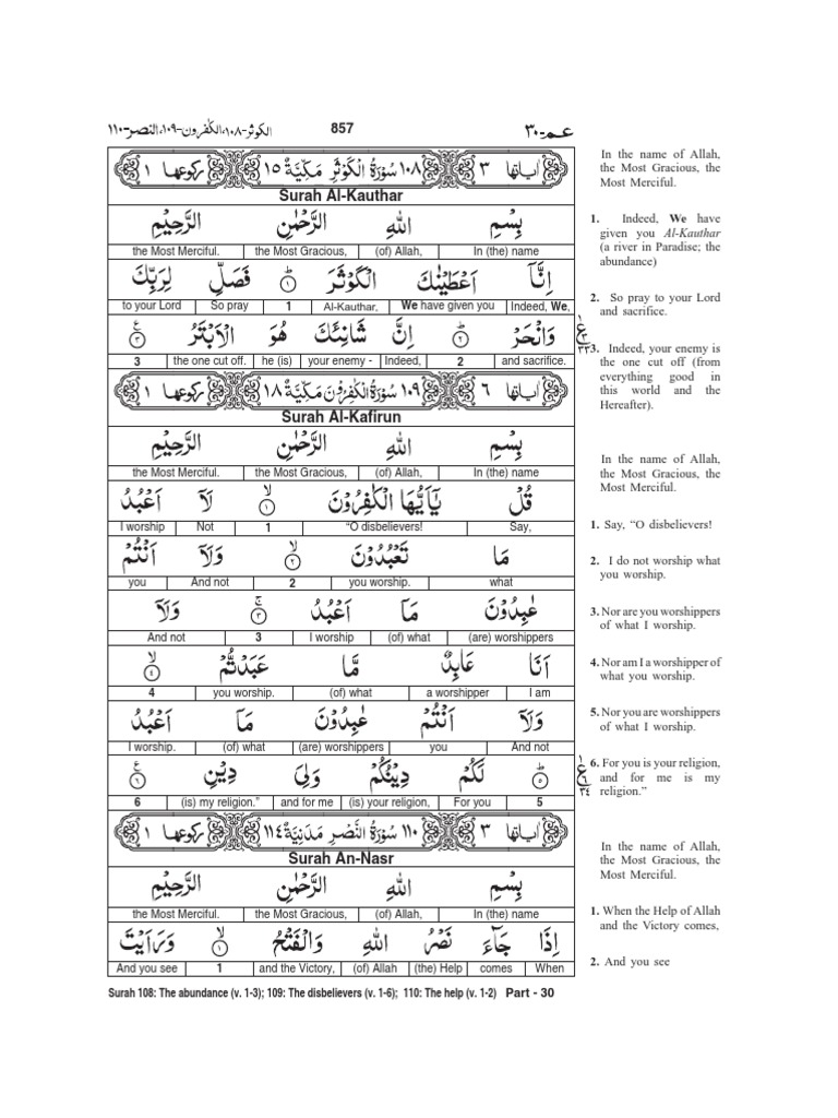 Surah 108 Kauthar, 109 Kafirun, 110 Nasr | PDF | Islamic Texts ...