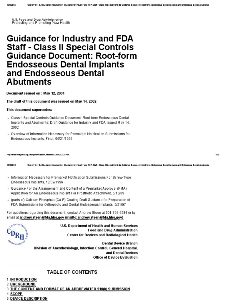 Guidance For Industry and FDA Staff Class II Special Controls Guidance ...