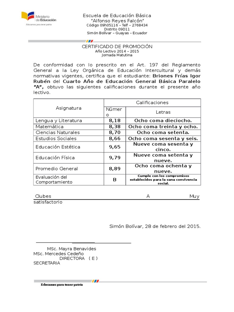 Certificados de Promocion 4to A | PDF | Ecuador | Calidad de vida