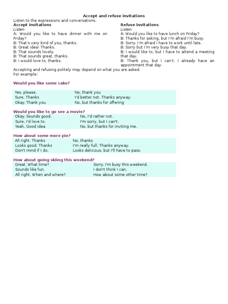 Accept and Refuse Invitations | PDF | Travel Agency | Leisure