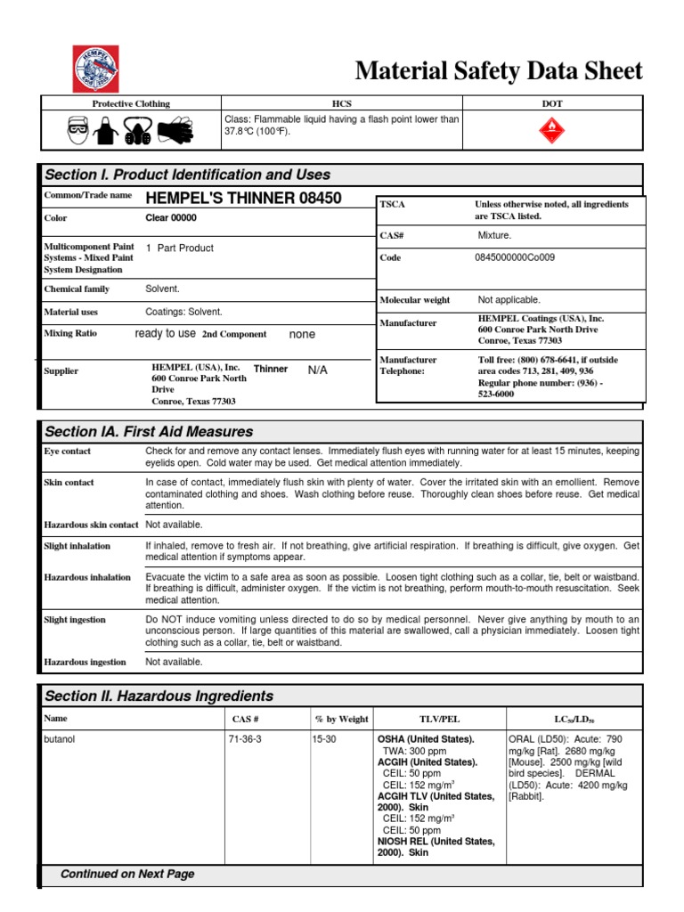 Material Safety Data Sheet: Hempel'S Thinner 08450 | PDF | Toxicity | Carbon Dioxide
