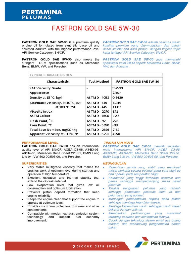 Fastron Gold 5w 30 API SN | PDF | Motor Oil | Chemical Substances