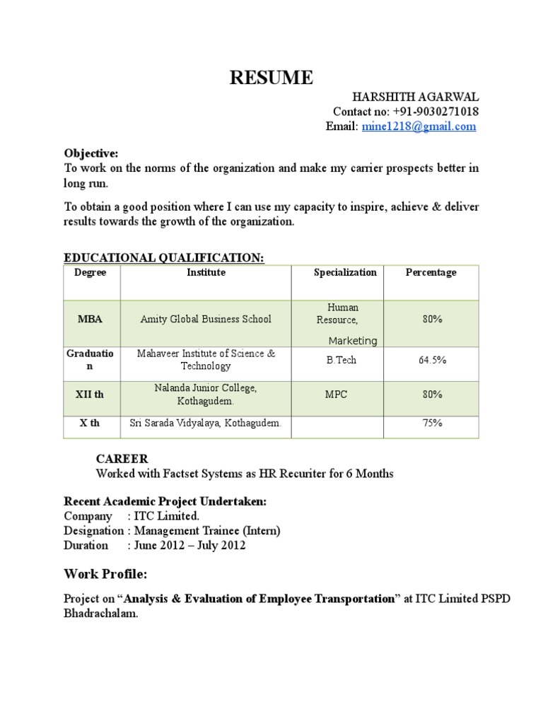 Harshith Agarwal's Professional Resume | PDF | Business | Computing And ...