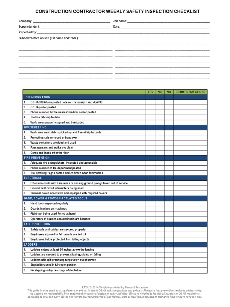 Construction Contractor Weekly Safety Inspection Checklist | PDF | Personal Protective Equipment ...