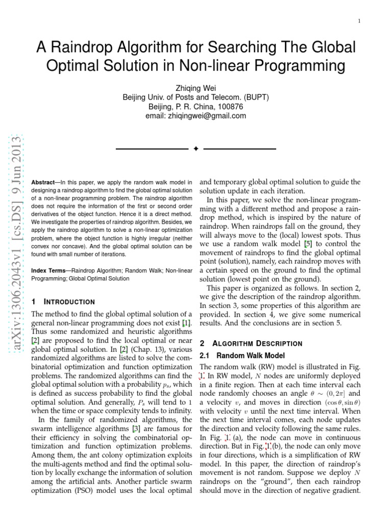 A Raindrop Algorithm For Searching The Global Optimal Solution In Non Linear Programming Pdf