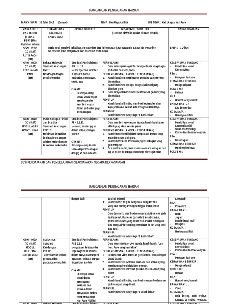 Rancangan Pengajaran Harian Prasekolah | PDF