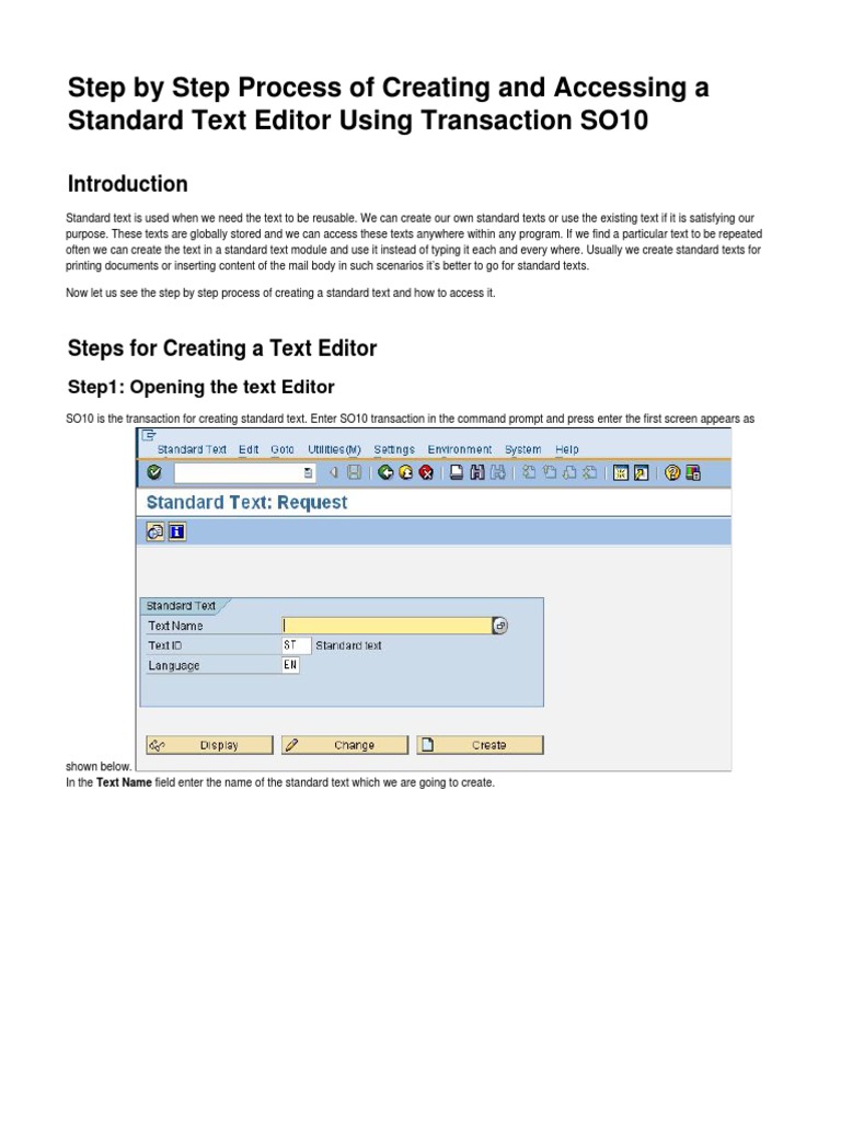 Step By Step Process Of Creating And Accessing A Standard Text Editor Using Transaction So10 