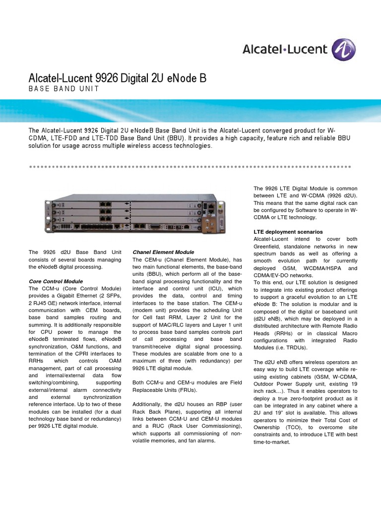Alcatel Lucent - 9926 Digital 2U Enode B - Datasheet PDF | PDF