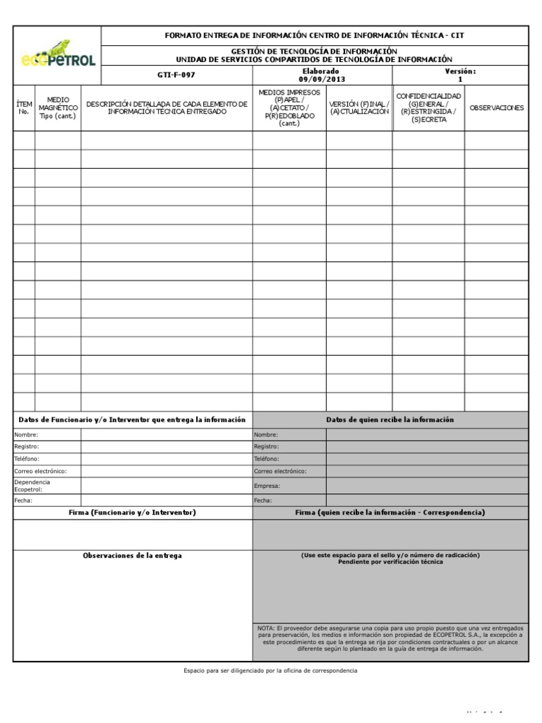 Gti-F-097 Formato Entrega de Informacion Centro de Informacion Tecnica - Cit | PDF | Información ...