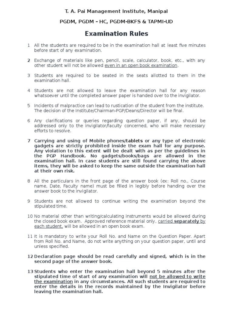 Examination Rules T A Pai Management Institute Manipal Pgdm Pgdm