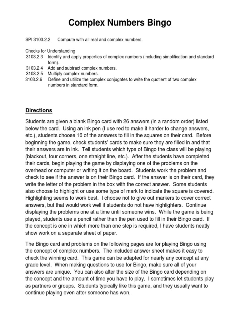 Math - Complex Numbers Bingo With Answers | PDF | Complex Number ...
