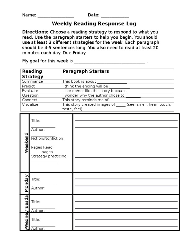Weekly Reading Log | PDF | Self-Improvement