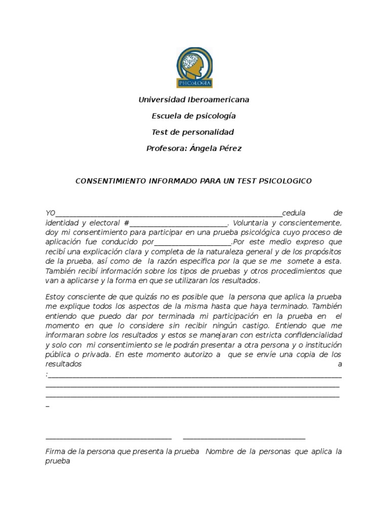 Consentimiento Informado Para Un Test Psicologico Consentimiento Informado Para Un Test Psicologico