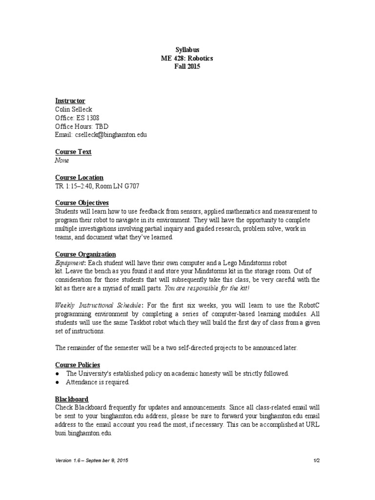 ME 428 Robotics Syllabus Fall 2015 | PDF | Computers