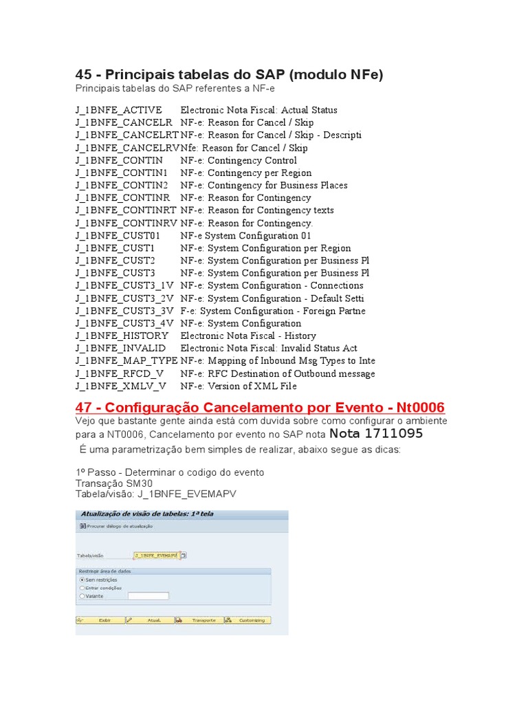45 - Principais Tabelas Do Sap (Modulo Nfe) : 47 - Configuração ...