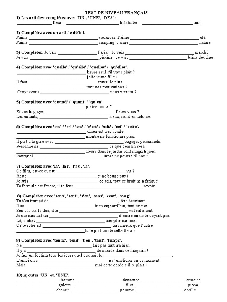 Test de Niveau Français 1 | Typologie linguistique | Grammaire