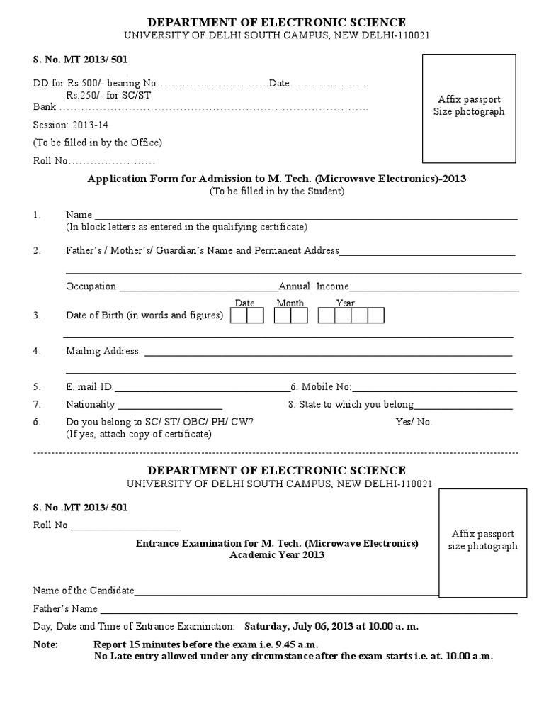 Department of Electronic Science: Application Form For Admission To M ...