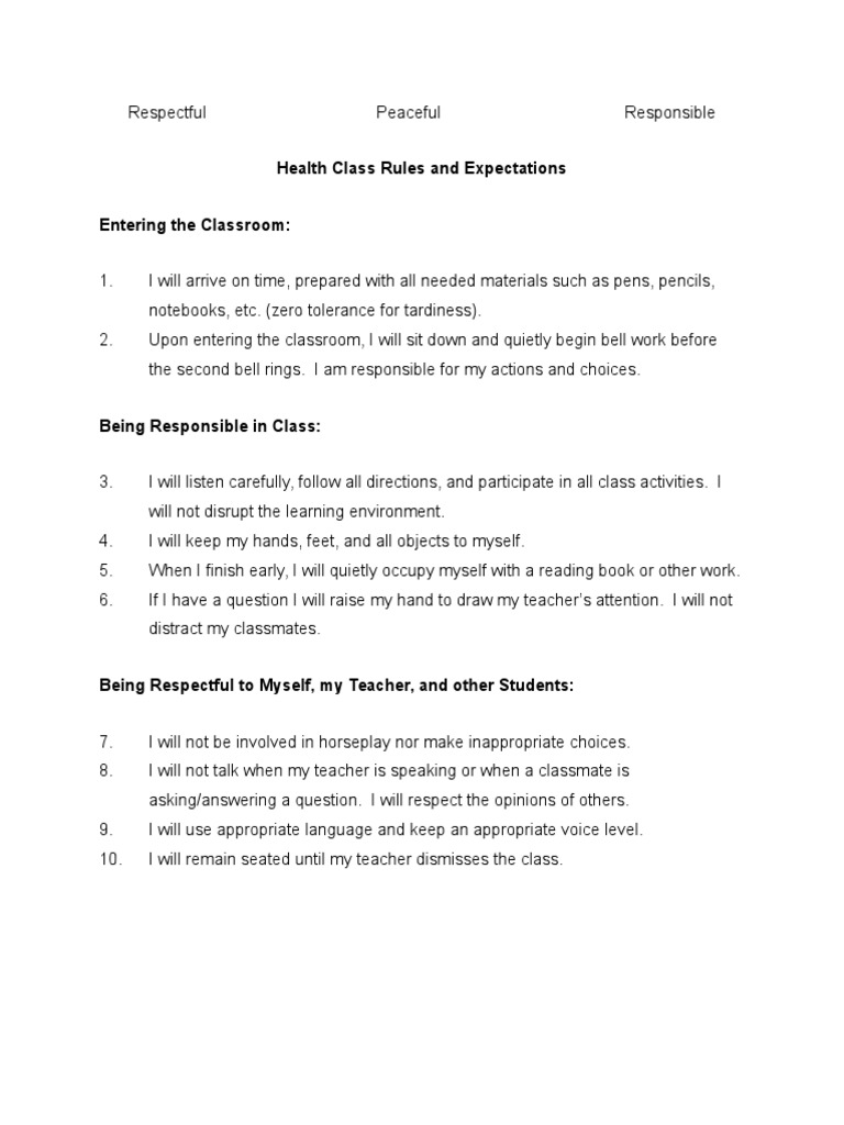 Health Class Rules and Expectations | PDF | Language Arts & Discipline