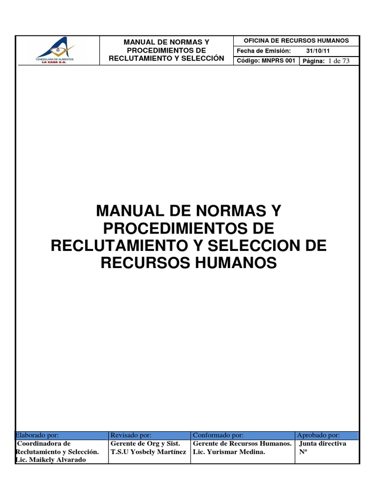 Manual de n0rmas y Procedimientos de Reclutamiento y Seleccion | Recursos humanos | Reclutamiento