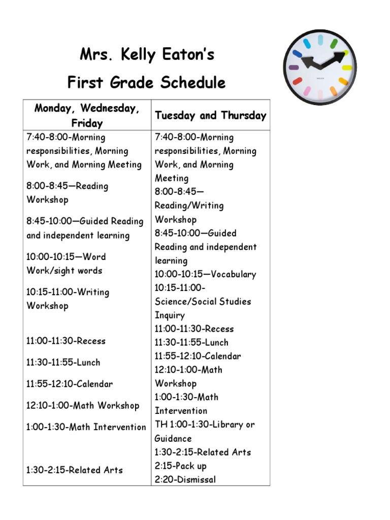 Mrs. Eaton's First Grade Schedule | PDF | Language Arts & Discipline