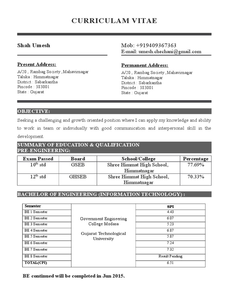Shah Umesh's Engineering CV | PDF