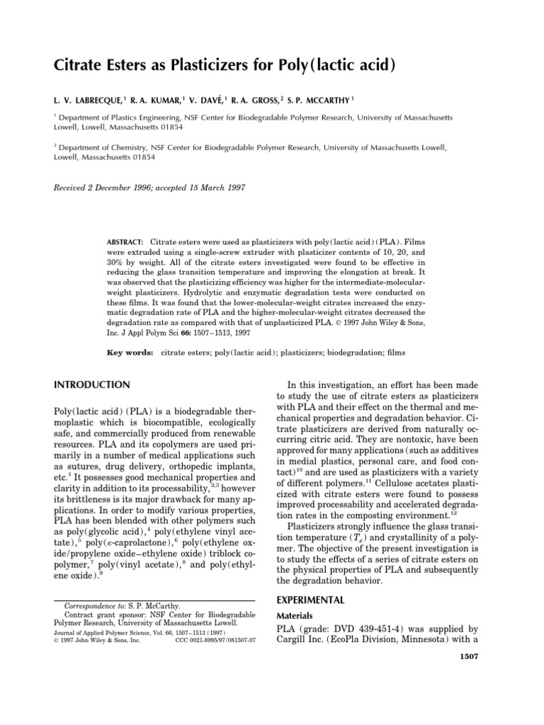 Citrate Esters As Plasticizers For Poly (Lactic Acid) 1997 | PDF ...