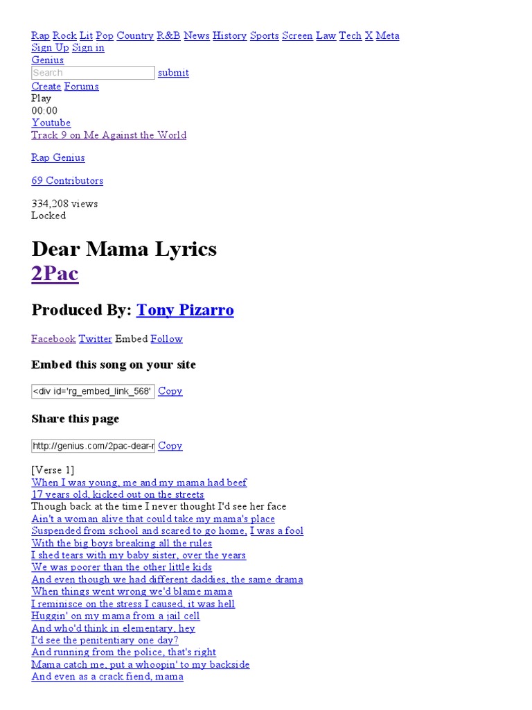 Dear Mama Lyrics: Tony Pizarro