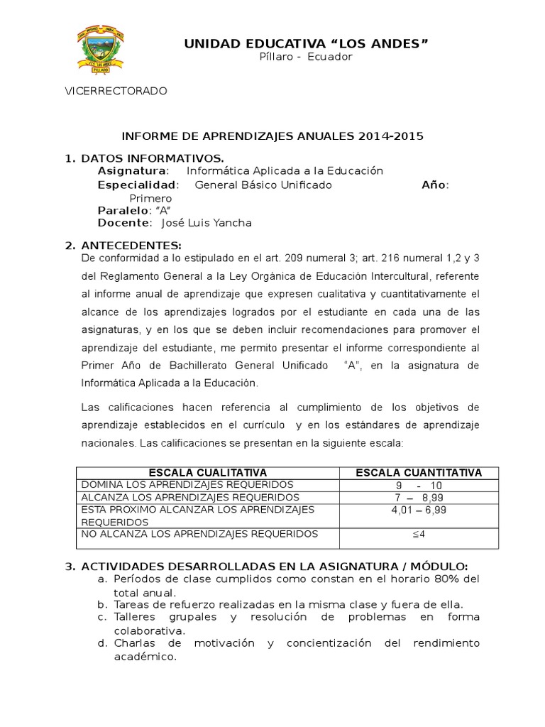 Informe de Aprendizaje Modelo | PDF | Maestros | Plan de estudios
