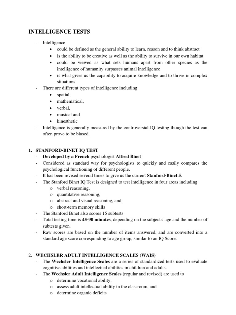 Intelligence Tests | PDF | Intelligence Quotient | Wechsler Adult ...