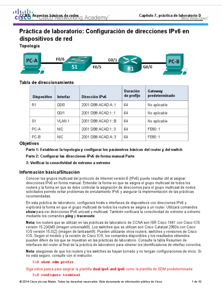 8.2.5.5 Práctica de Laboratorio: Configuración de Direcciones IPv6 en Dispositivos de Red | PDF ...
