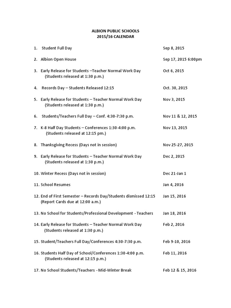 2015-16 School Calendar | PDF
