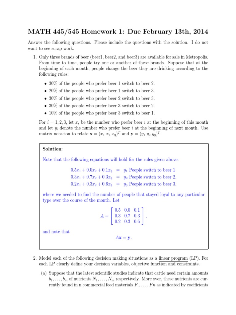 Homework 1 Key | PDF | Chicken | Matrix (Mathematics)