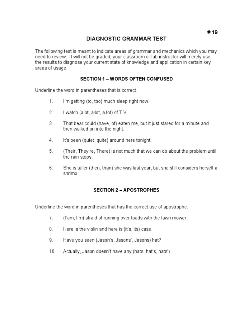 Grammar Diagnostic Test | PDF | Language Arts & Discipline