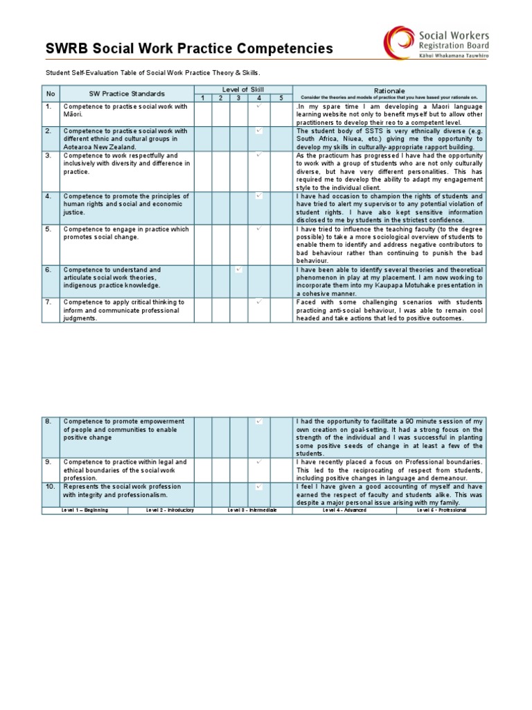 Social Work Student Self-Evaluation | PDF | Social Work | Competence ...
