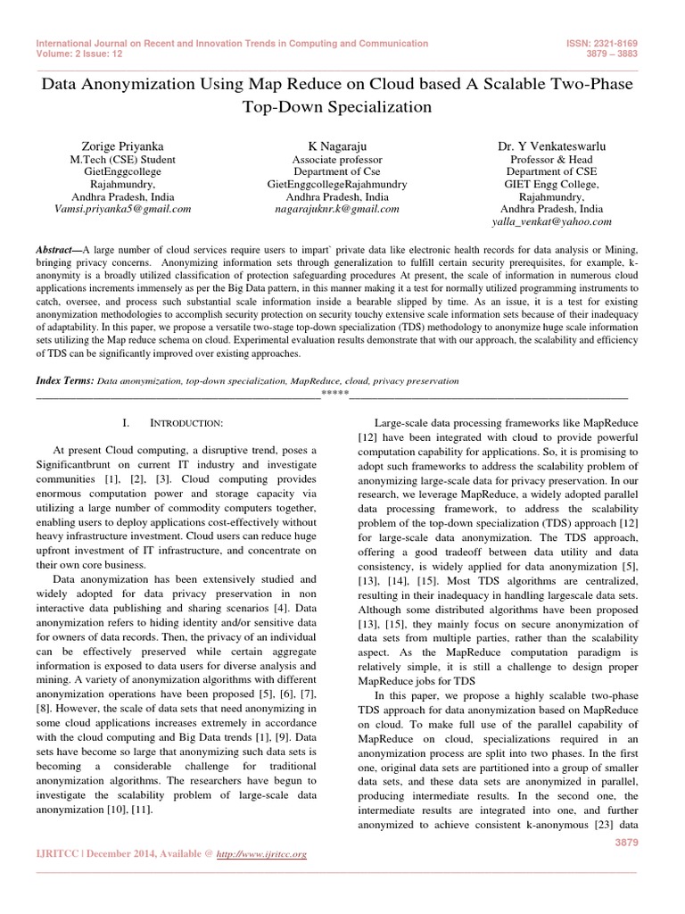 Data Anonymization Using Map Reduce On Cloud Based A Scalable Two-Phase Top-Down Specialization ...