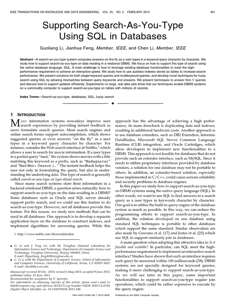 Supporting Search-As-You-Type Using SQL in Databases: Guoliang Li, Jianhua Feng, Member, IEEE ...