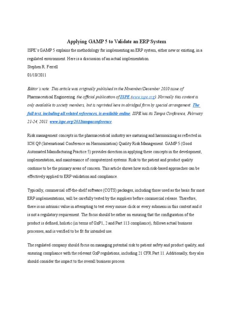 Applying GAMP 5 To Validate An ERP System | PDF | Enterprise Resource Planning | Verification ...