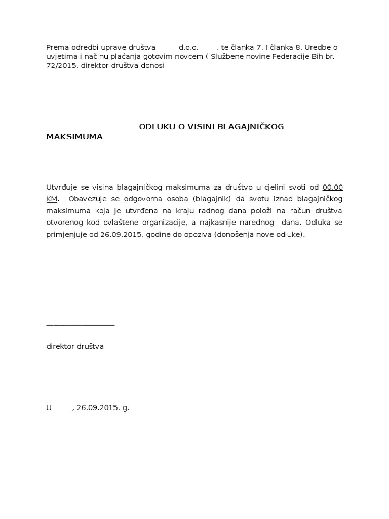 Primjer Odluke o Visini Blagajnickog Maksimuma | PDF
