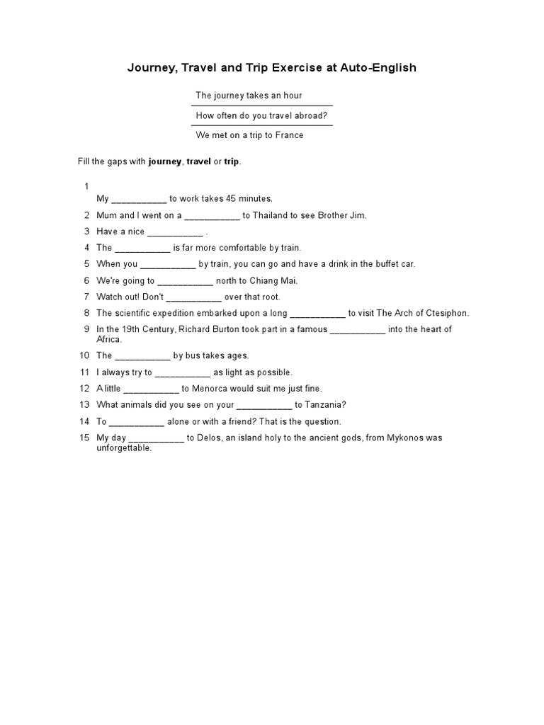Journey, Travel and Trip Exercise at Auto-English | PDF