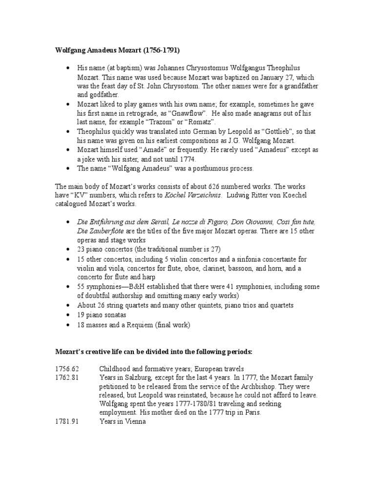 Mozart Biography and Notes | PDF | Wolfgang Amadeus Mozart | Classical ...