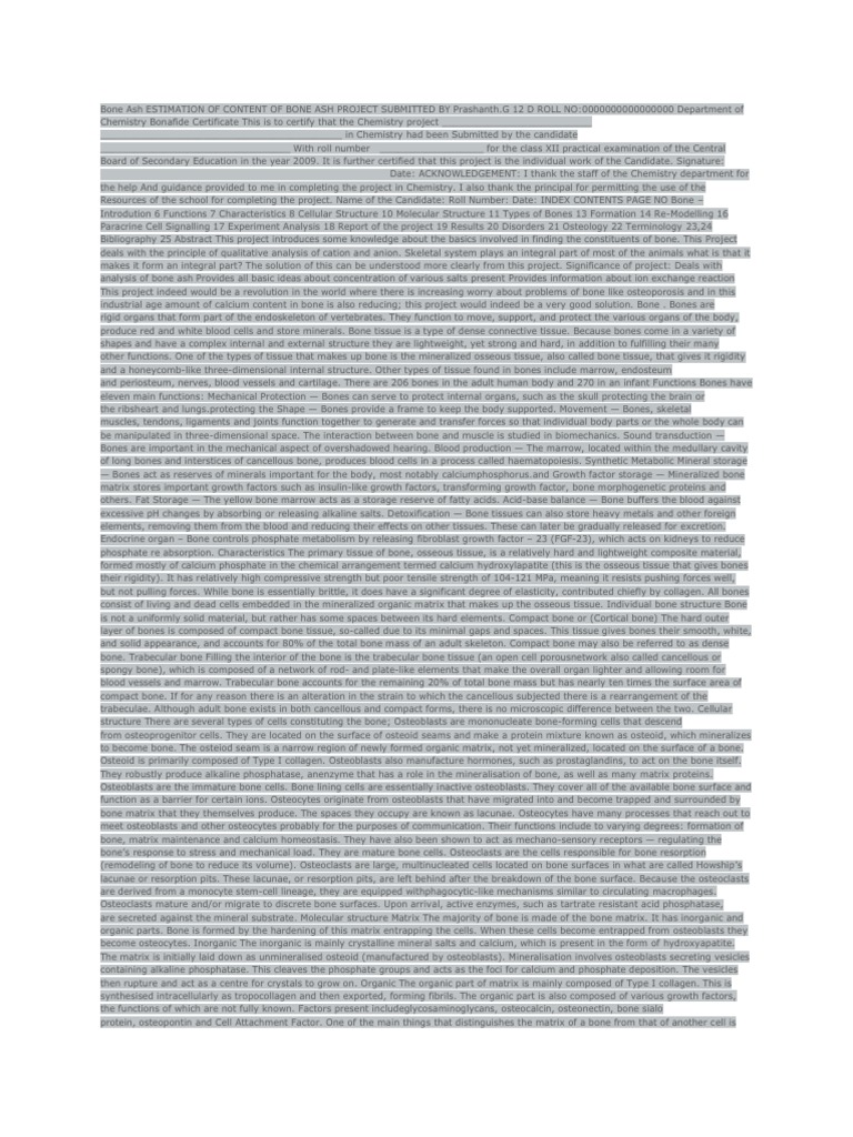 Bone Ash Estimation of Content of Bone Ash Project Submitted by ...