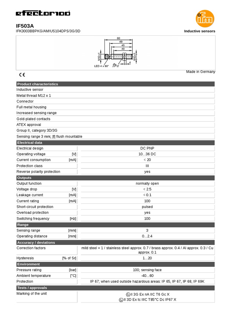Inductive Sensor IF503A Specifications | PDF