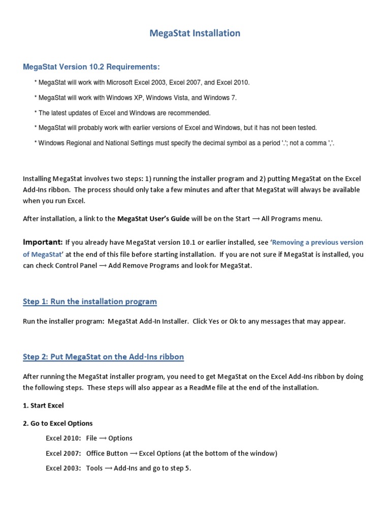 MegaStat Installation | PDF | Microsoft Excel | Microsoft Windows